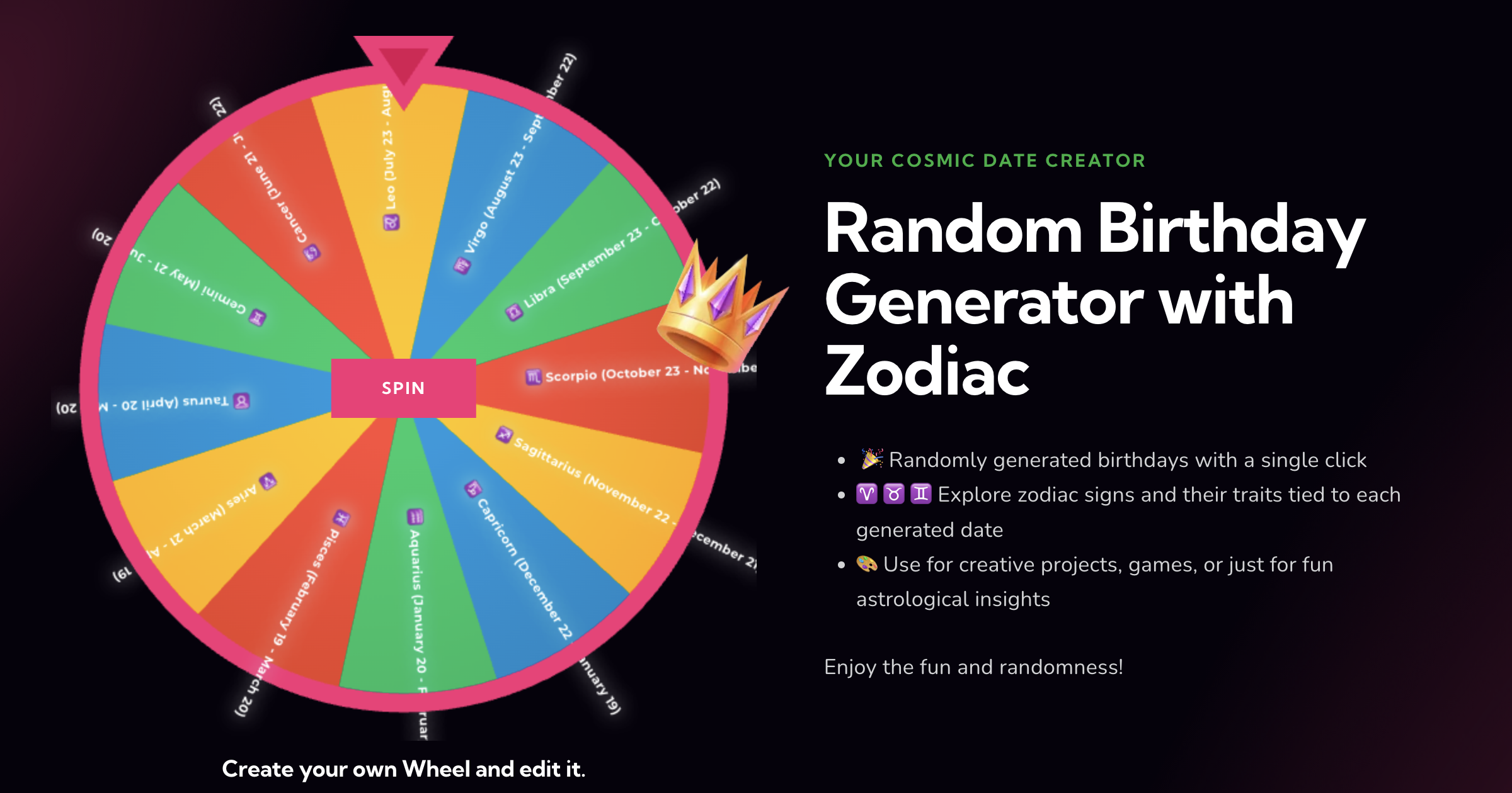 🎂🔮 Random Birthday & Zodiac ♈ ♉ ♊ Generator | Fun & Free! - Pick The Wheel
