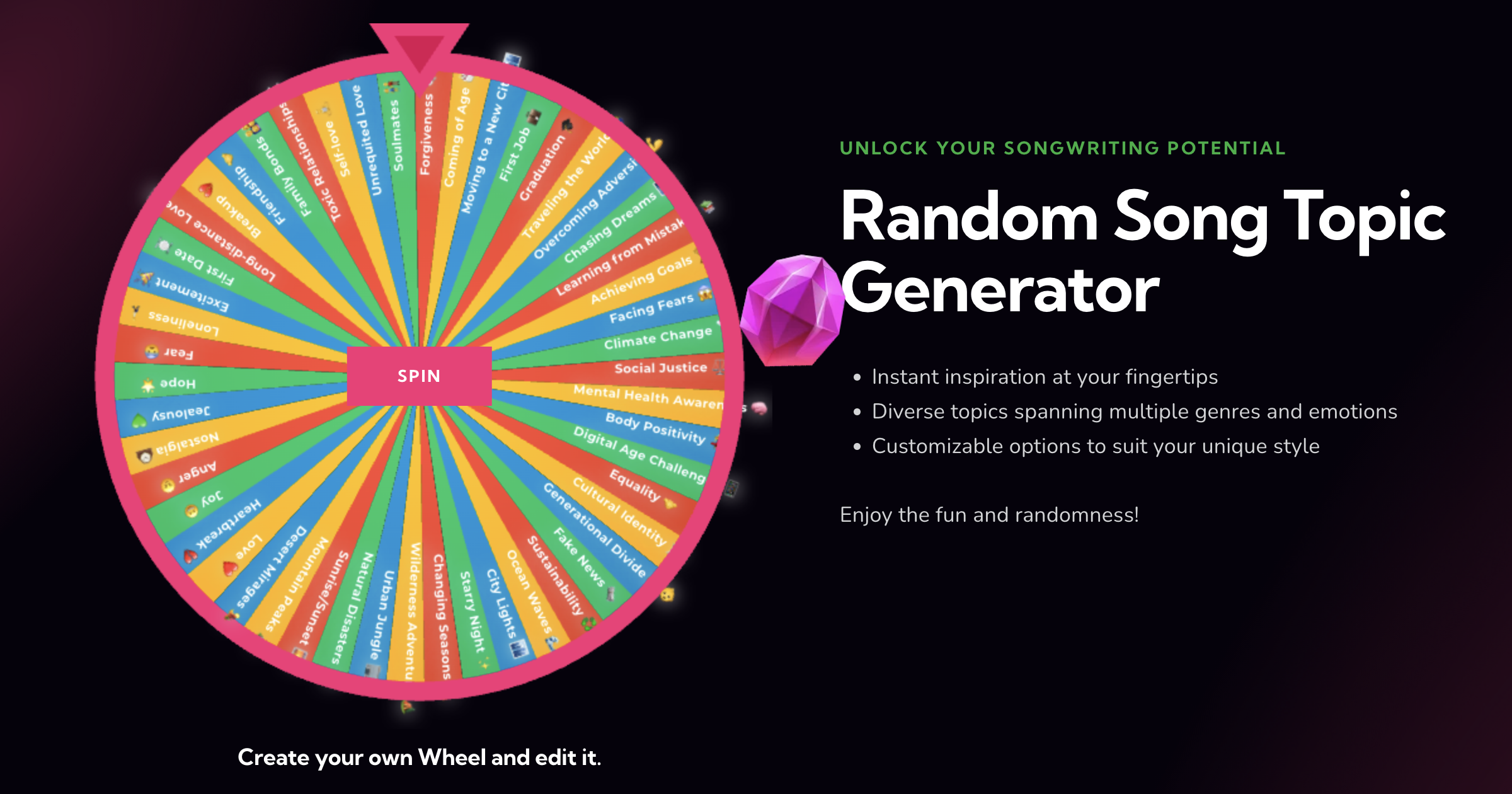Song Topic Generator 🎵 Good Song Topics & Ideas 🎶🌟 Pick The Wheel