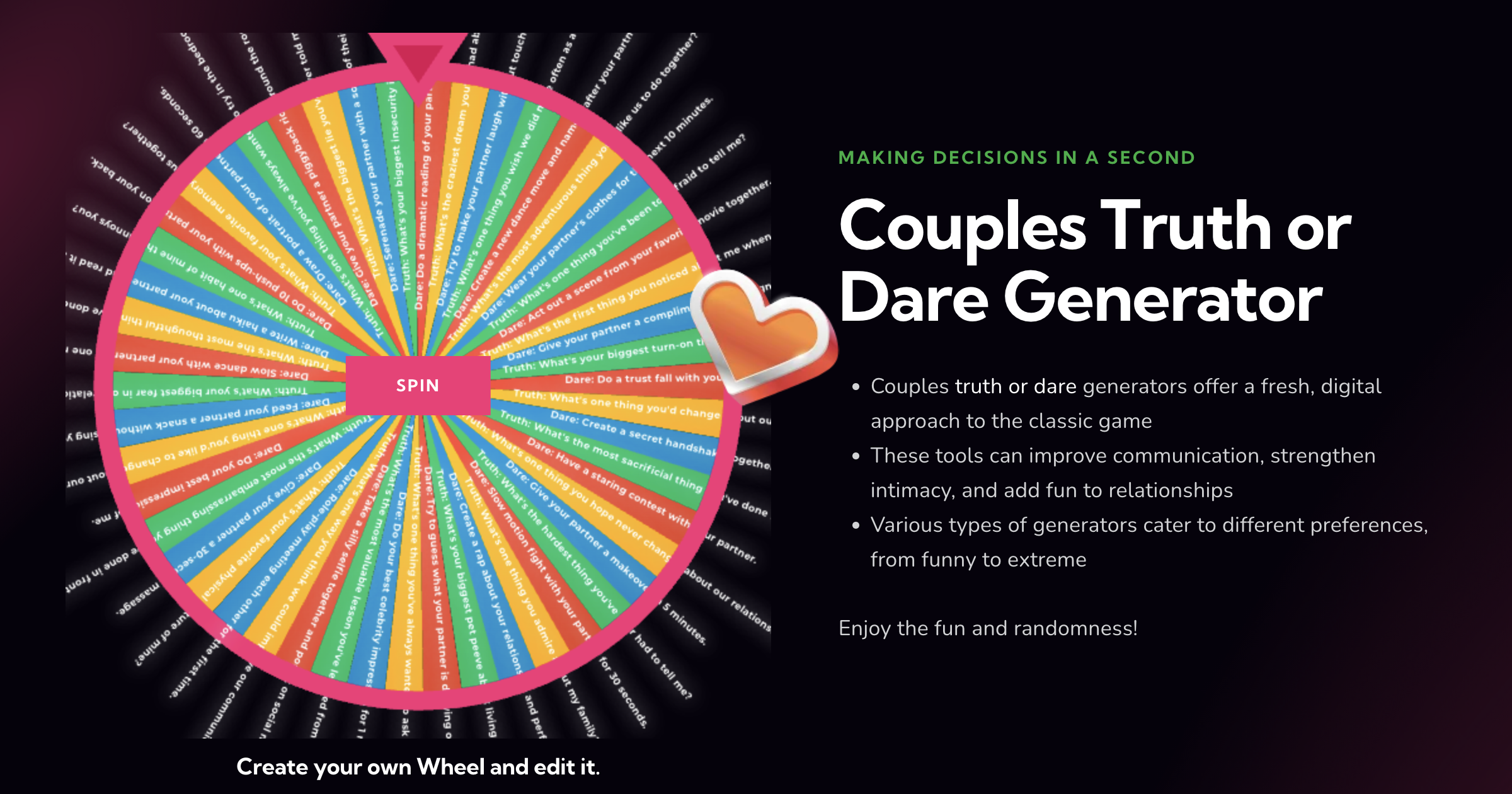 Couples Truth or Dare Generator 💖 Fun, Romantic & Spicy! 💑- Pick The Wheel