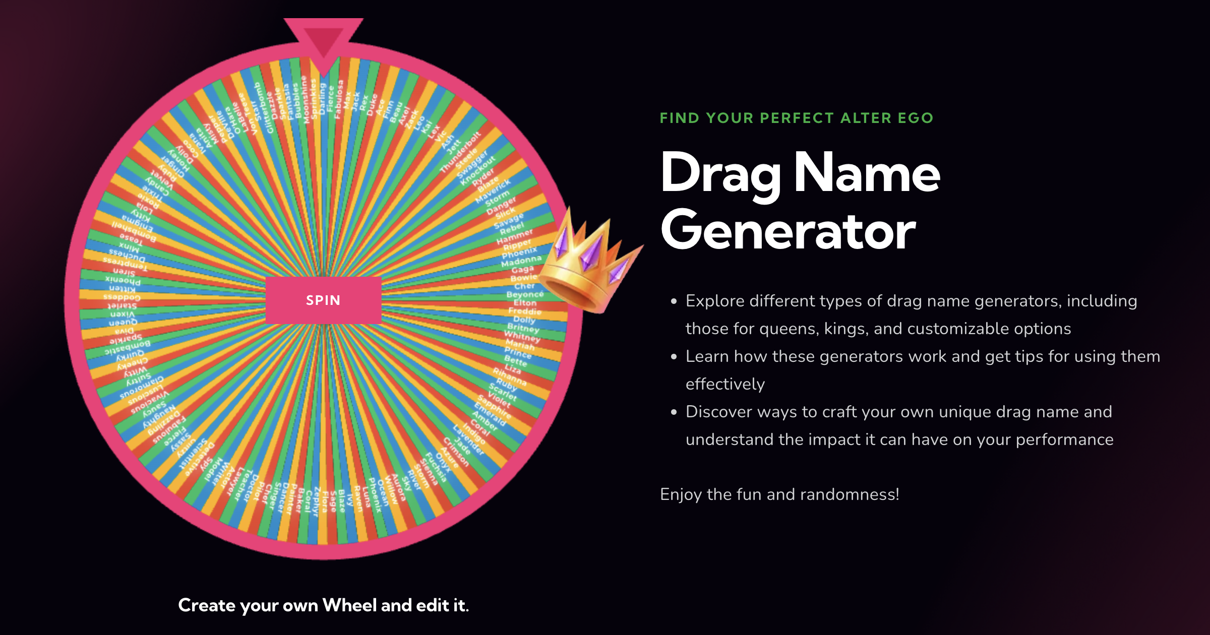 Drag Name Generators 🎭 Kings, Queens & Godmothers - Pick The Wheel